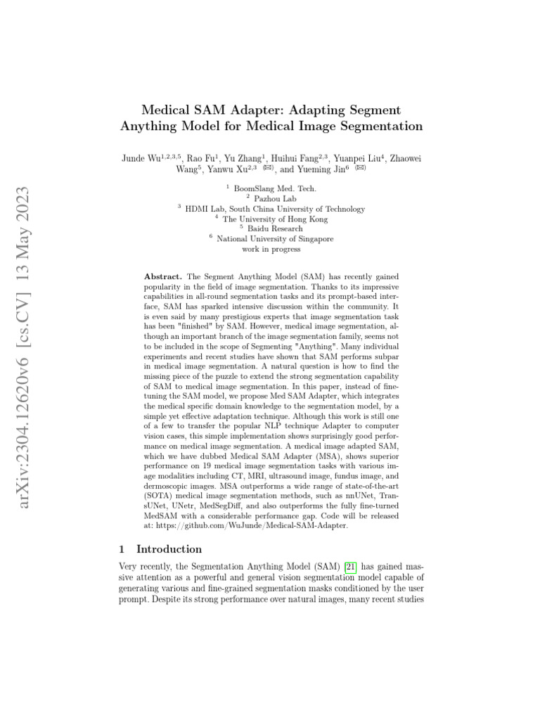 Medical SAM Adapter | PDF | Image Segmentation | Cognitive Science Medical SAM Adapter | PDF | Image Segmentation | Cognitive Science