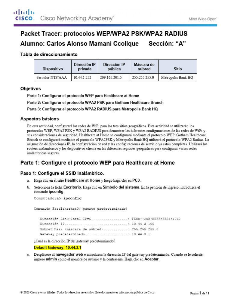 3.3.2.7 Packet Tracer - WEP WPA2 PSK WPA2 RADIUS - Gamarra Andia Adrian Abel | PDF | Dirección ...