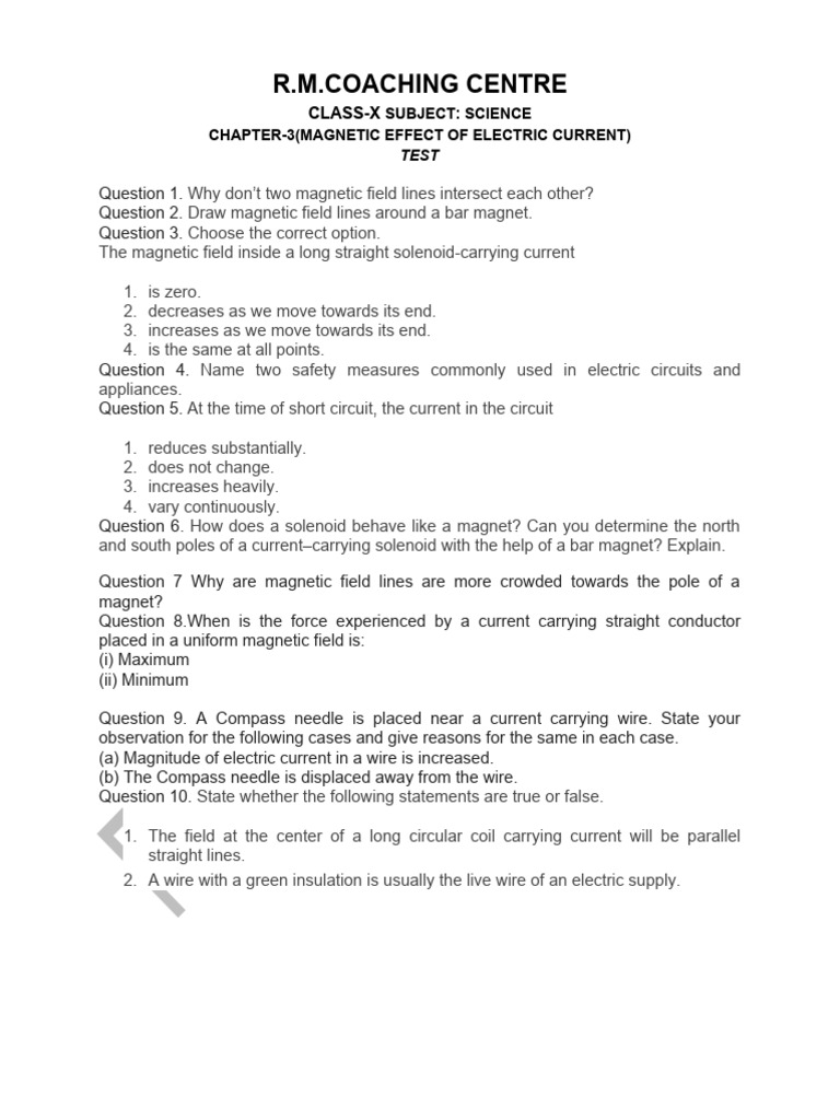 Class 10 Magnetic Effects Test Questions | PDF | Magnetic Field | Magnet