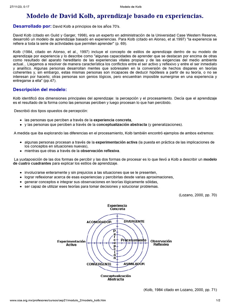 Modelo de Kolb | Descargar gratis PDF | Aprendizaje | Experiencia