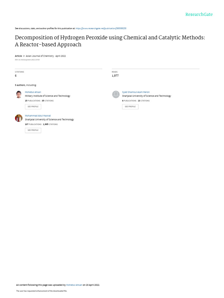 Decomposition of Hydrogen Peroxide Using Chemical and Catalytic Methods: A Reactor-Based ...
