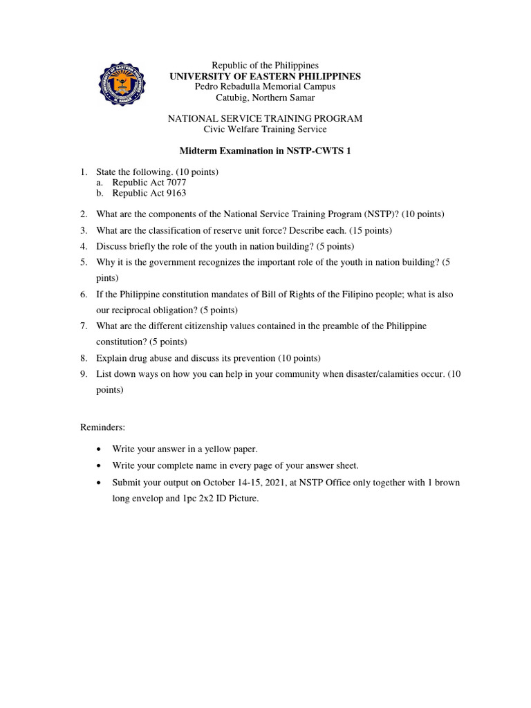 NSTP-CWTS 1 Midterm Exam Guide | PDF | Social Science