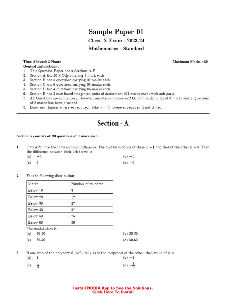 CBSE Class 10 Mathematics Sample Paper | PDF | Circle | Area
