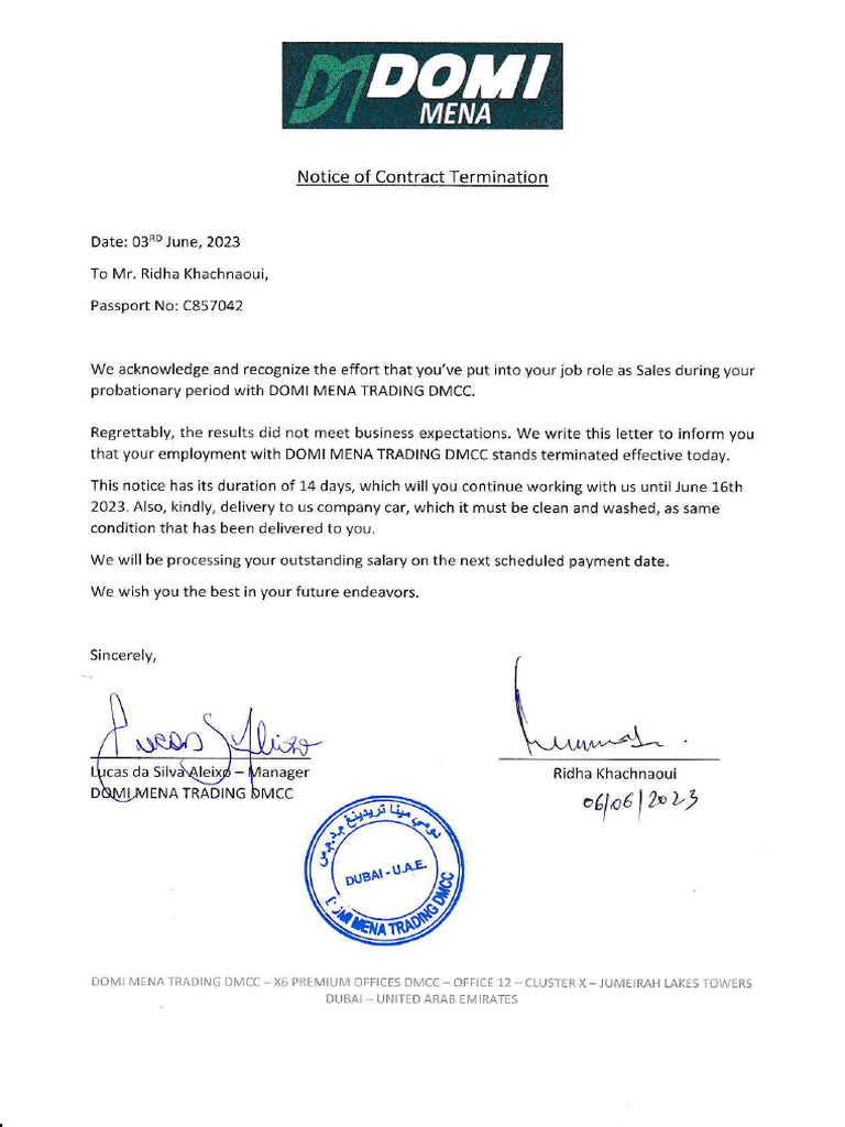 Employment Termination Notice | PDF