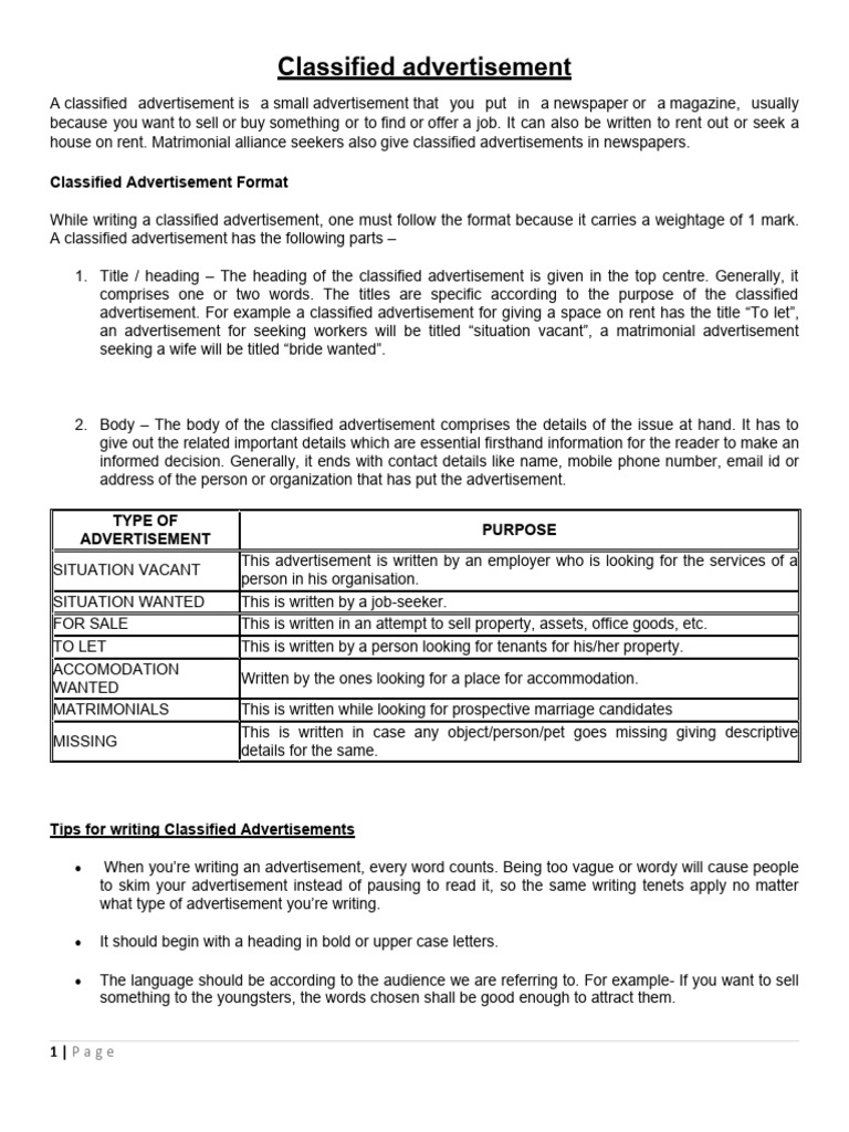Classified Ad Writing Guide | PDF | Advertising | Renting