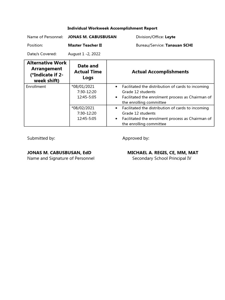 Individual Workweek Accomplishment Report (IDWAR) August | PDF