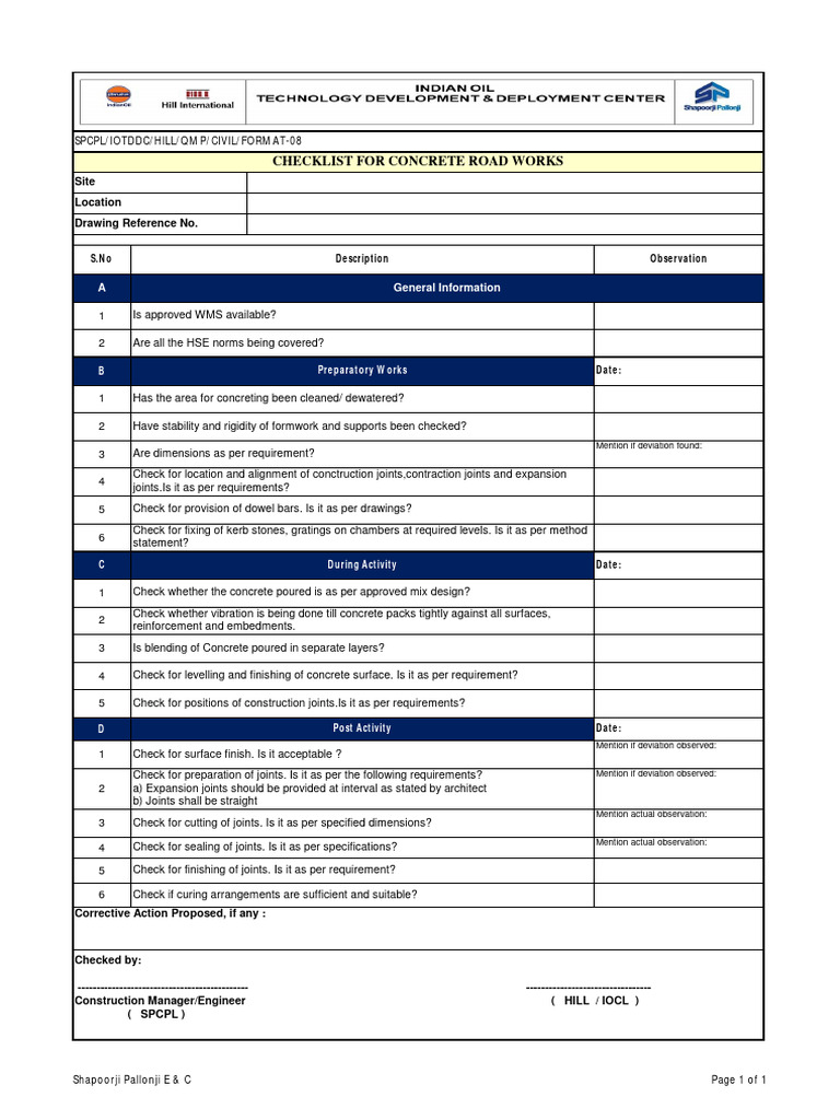 Checklist For Concrete Road Works | PDF | Concrete | Engineering