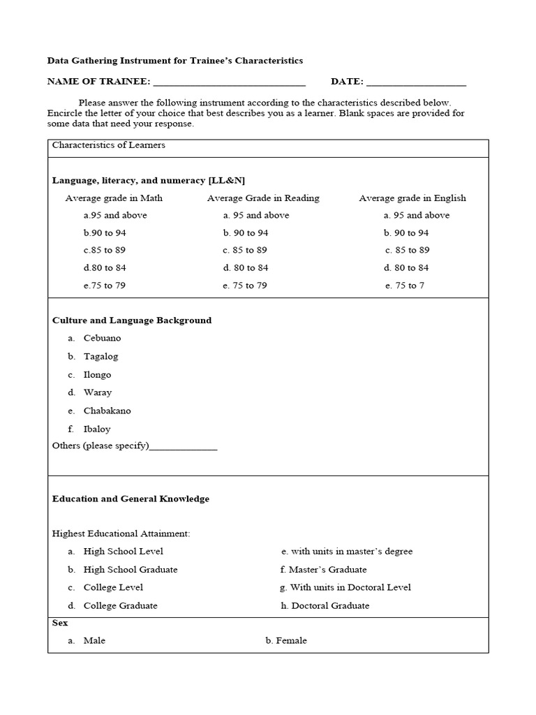 Data Gathering Instrument For Trainee | PDF | Career & Growth | Foreign ...
