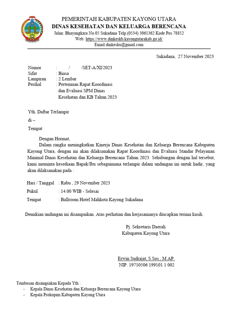 Undangan Rakor SPM SETDA Lintas Sektor 2023 | PDF