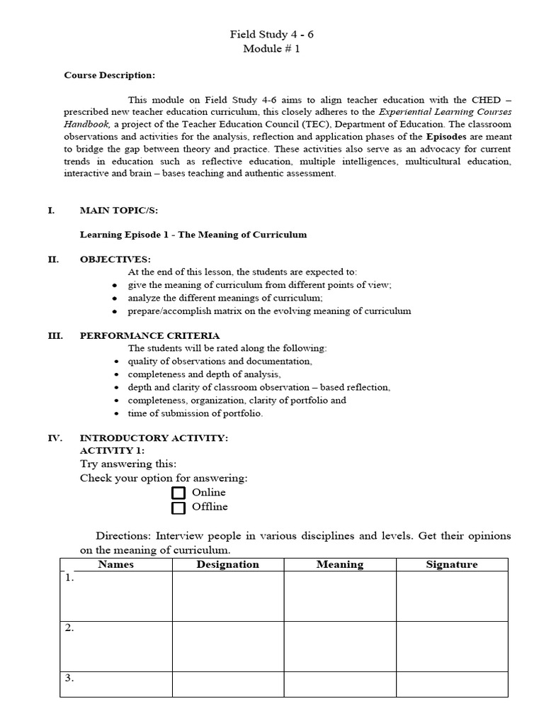 Field Study 4-6 Module 1&2 | PDF | Curriculum | Teachers