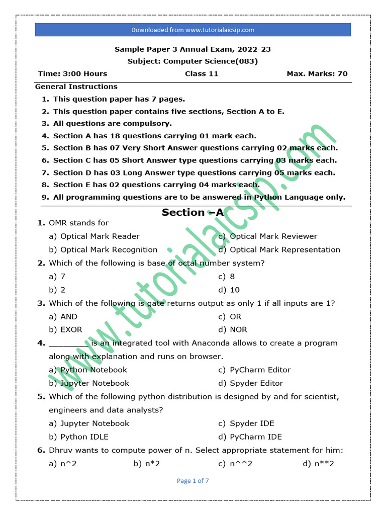 Sample Paper 3 Class XI Annual Exam CS | Download Free PDF | Computing | Computer Science