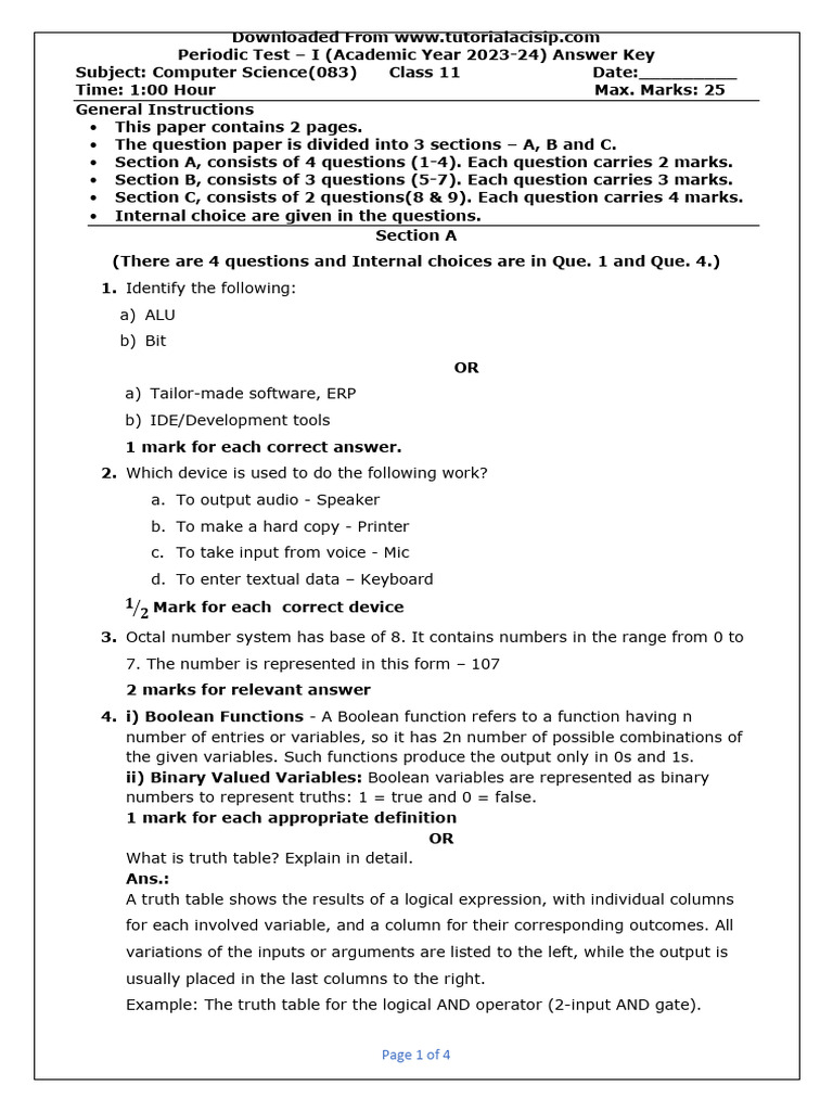 CS 11 Answer Key Sample Paper 1 Tutorialacisip | PDF | Computer Data Storage | Central ...