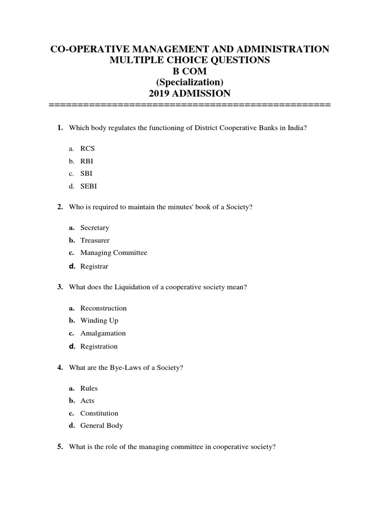 Cooperative Management MCQs 2019 | PDF | Expense | Deferral