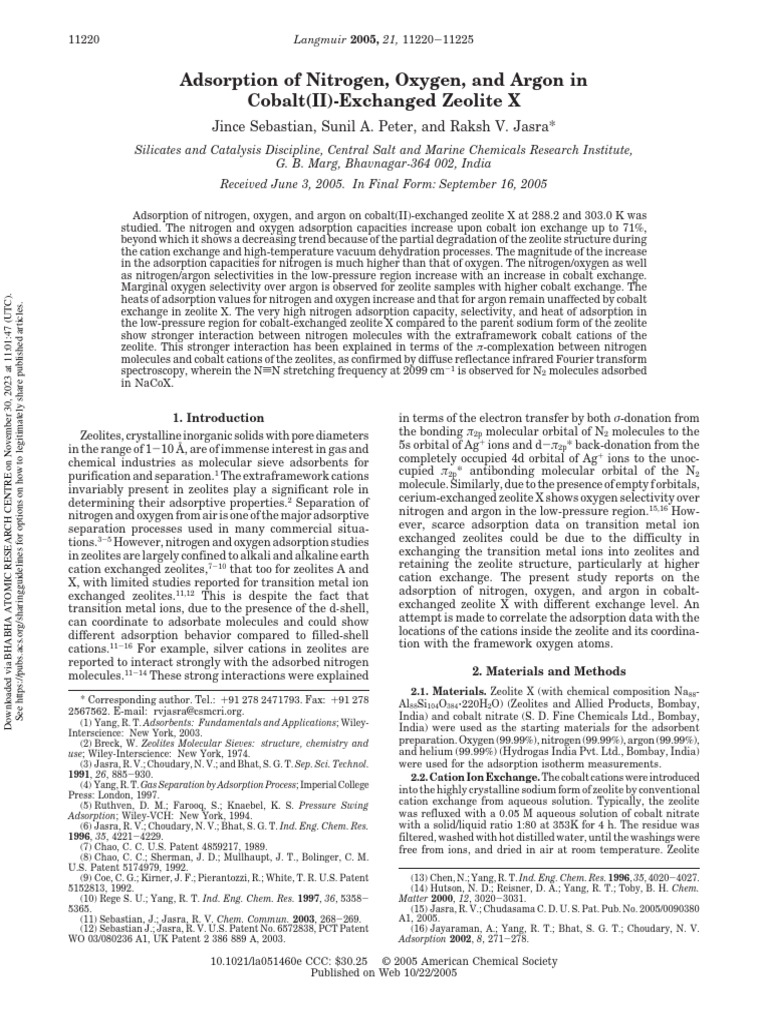 Sebastian Et Al 2005 Adsorption of Nitrogen Oxygen and Argon in Cobalt ... Sebastian Et Al 2005 Adsorption of Nitrogen Oxygen and Argon in Cobalt ...