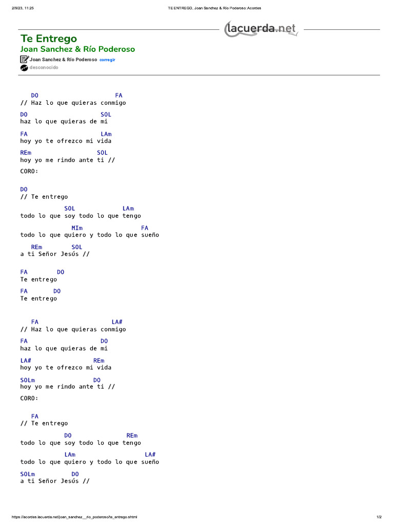 TE ENTREGO, Joan Sanchez & Río Poderoso - Acordes | PDF
