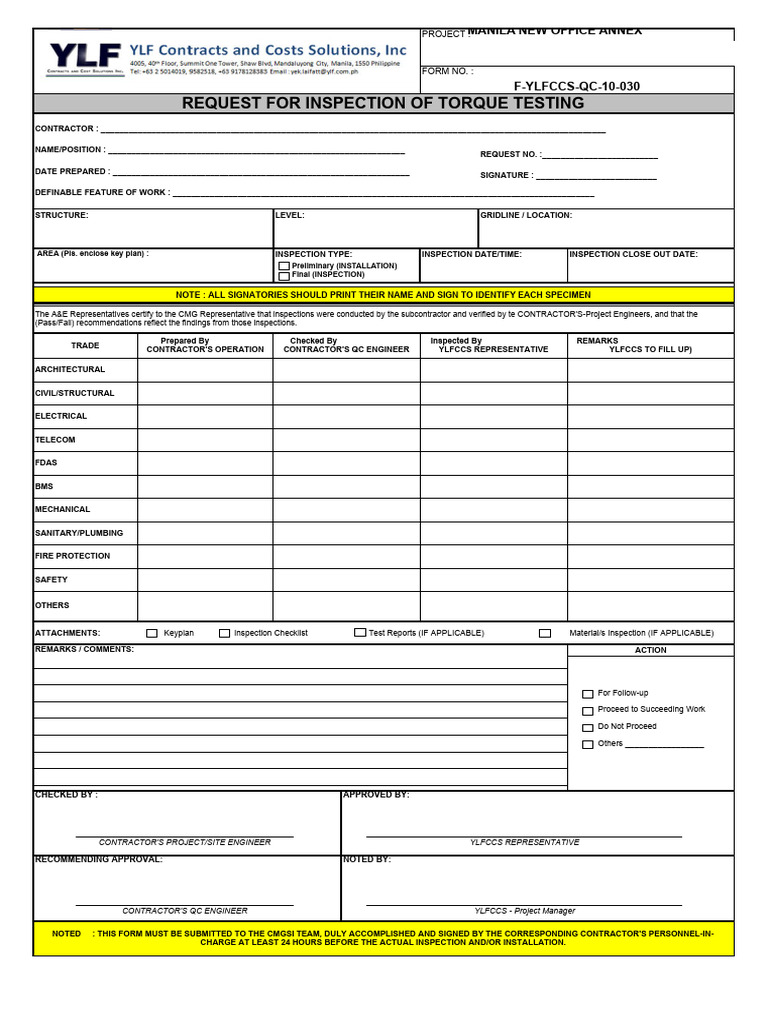 Torque Testing Inspection Request Form | PDF
