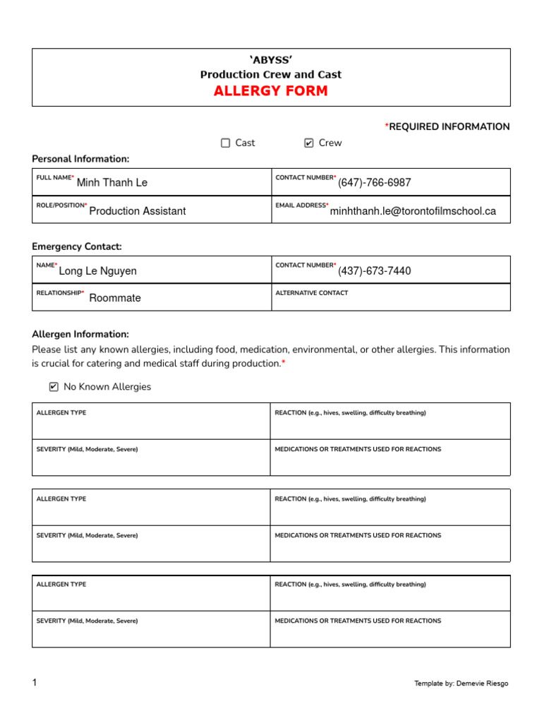 Thanh Abyss Allergy Forms | PDF | Allergy | Allergen
