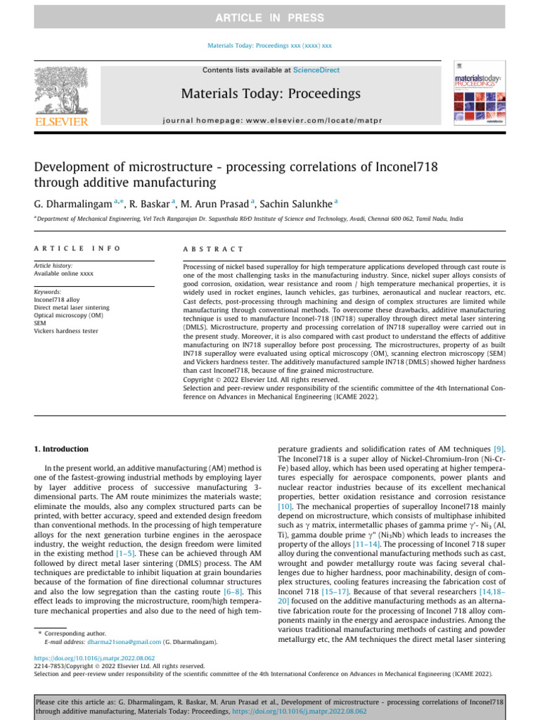 Development of Microstructure - Processing Correlations of Inconel718 | PDF