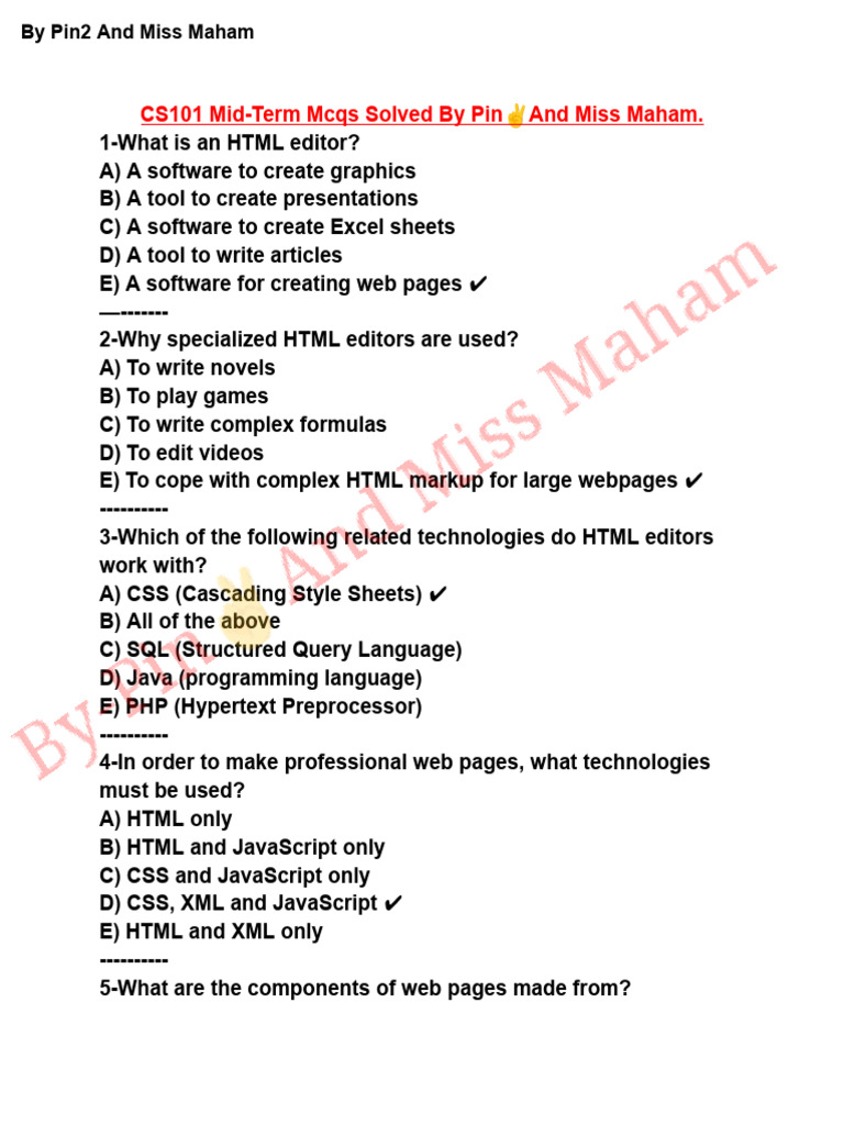 CS101 Mid-Term Mcqs Solved by Pin and Miss Maham - Watermark | PDF | Html | Html Element