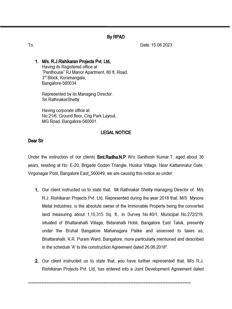 RERA Notice Radha | Download Free PDF | Interest | Damages