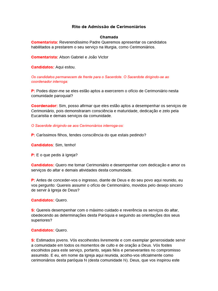 Rito de Admissão de Cerimoniários | PDF | Liturgia | Igreja católica