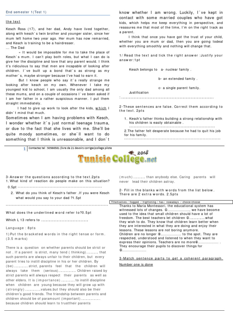 Devoir de Synthèse N°1 Collège Pilote Avec Correction - Anglais - 9ème ...