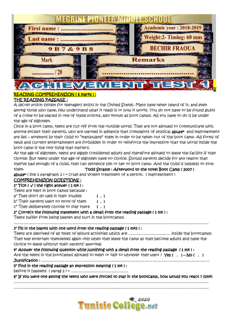 Devoir Anglais 9ème: Synthèse et Contrôle 1 | PDF | Adolescence