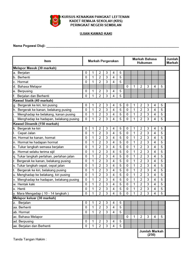 Borang Markah Kawad Leftenan Krs n9 2023 | PDF