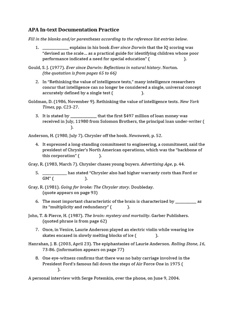 APA In-Text Worksheet 2023 | PDF