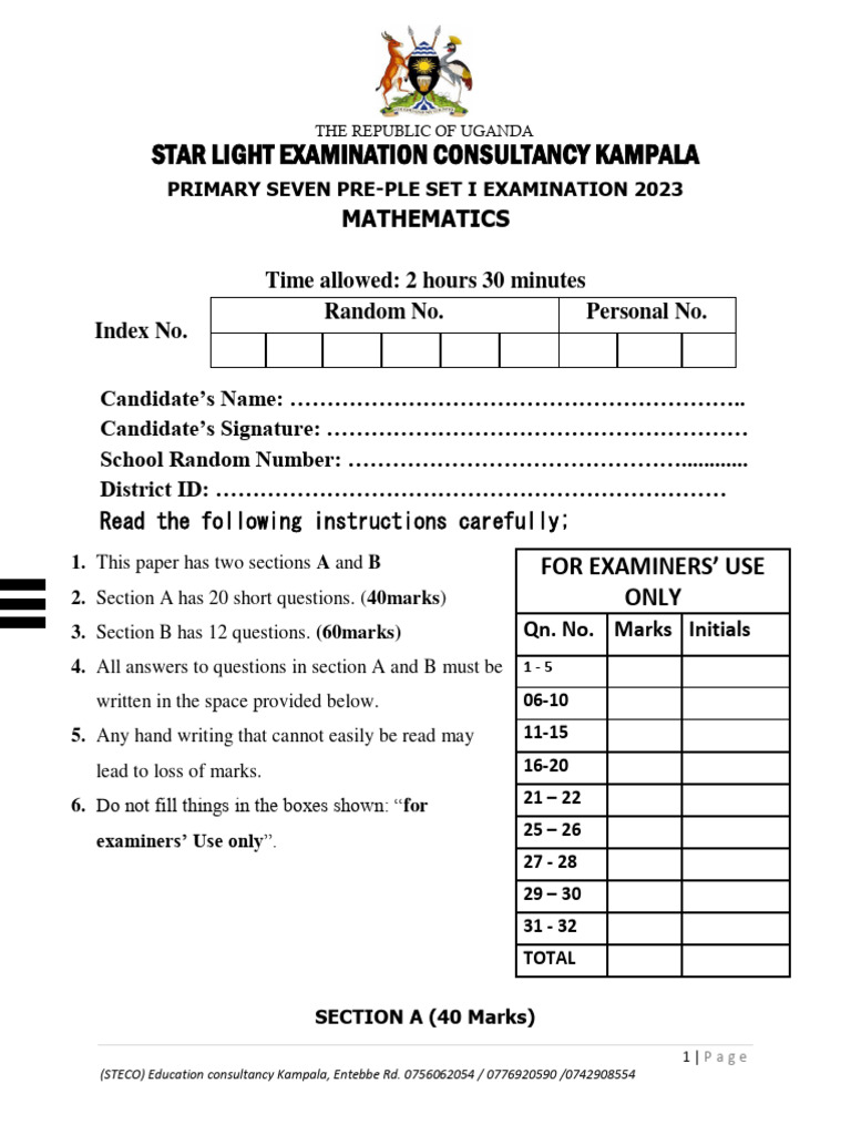 Primary Seven Pre-Ple Set I Examination 2023 Mathematics | Download ...