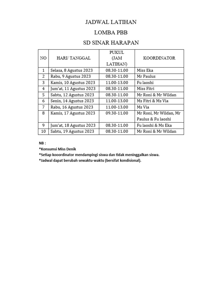 Jadwal Latihan Lomba PBB SD Sinar Harapan | PDF
