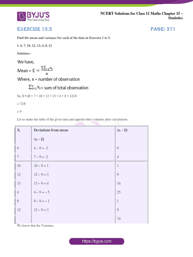 Ncert Solutions For Class 11 Maths May22 Chapter 15 Statistics Exercise 15 2 | PDF | Standard ...
