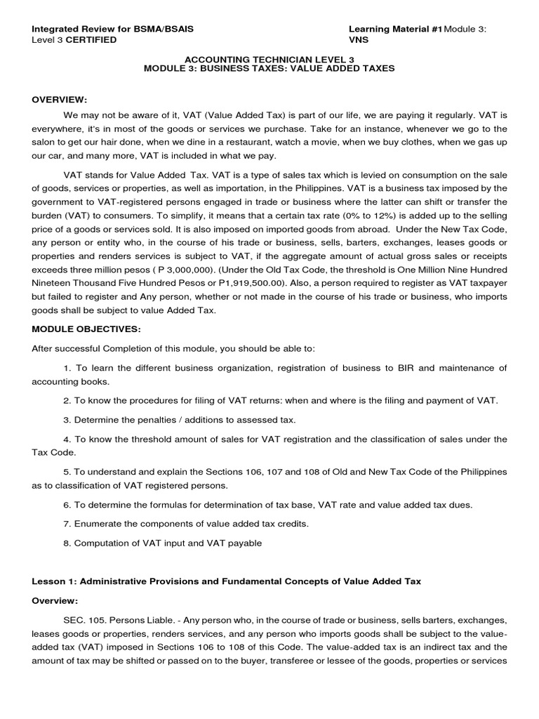Accounting Technician Level 3 Module 3 Part 1 | PDF | Value Added Tax ...