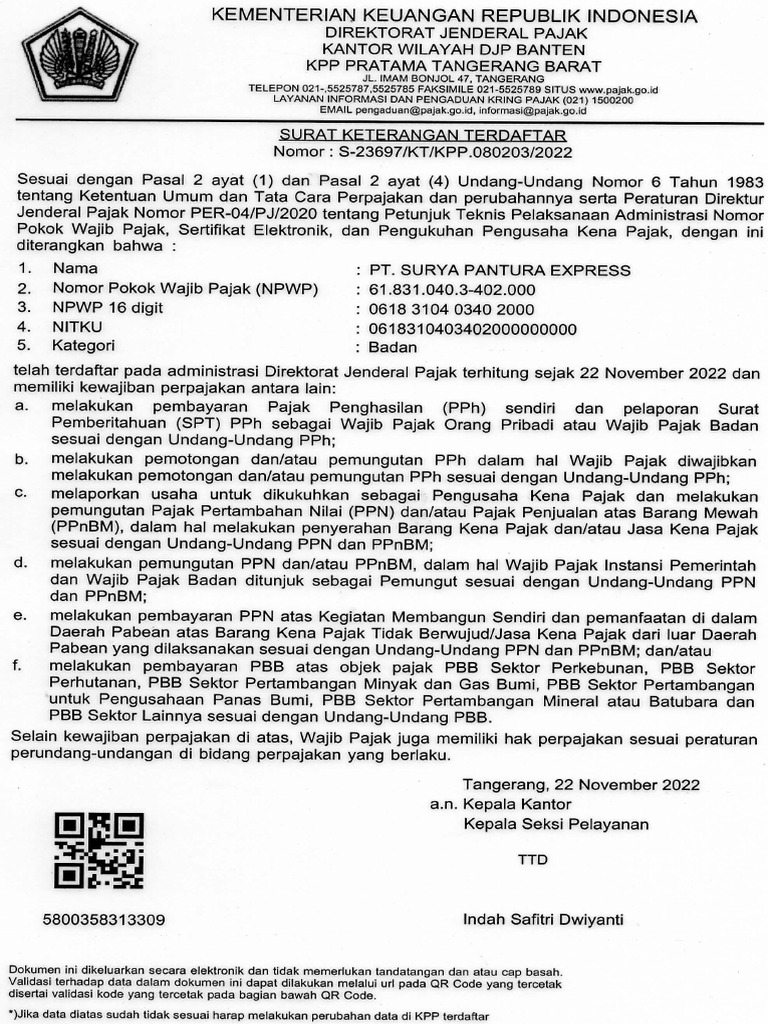 Surat Keterangan Terdaftar Pajak | PDF