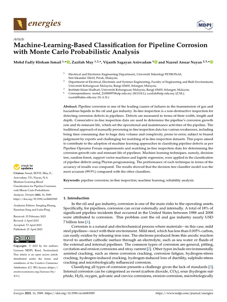 Machine-Learning-Based Classification For Pipeline Corrosion With Monte Carlo Probabilistic ...