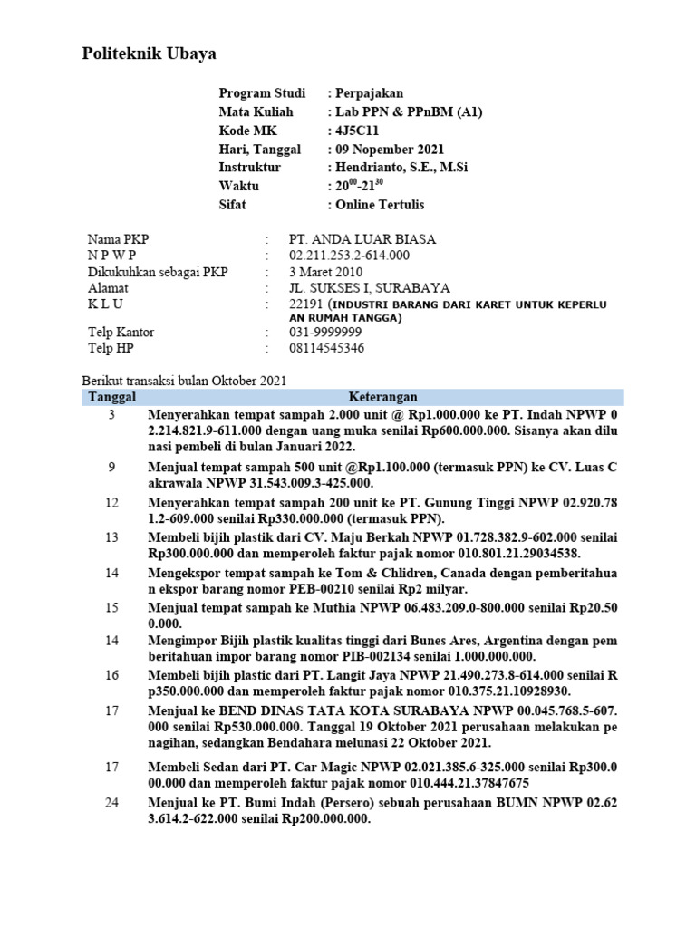 Soal UTS Lab. PPN - Nov. 2021 - Hendrianto | PDF | Pengelolaan Keuangan & Uang | Sains & Matematika