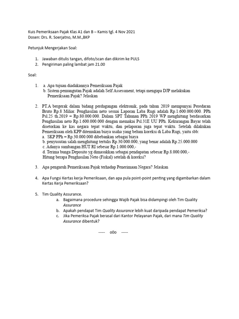 Kuis Pemeriksaan Pajak Klas A1 Dan B - 4 Nov 2021 | PDF | Bisnis