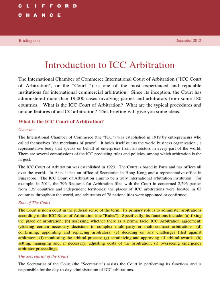 Introduction To Icc Arbitration | PDF | Arbitral Tribunal | Arbitration