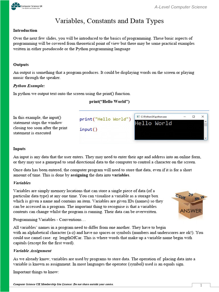 A-Level Computer Science: Variables & Data Types | PDF