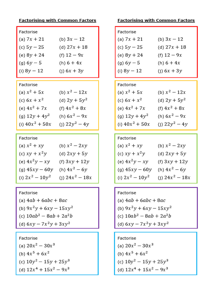 Factorising With Common Factors Practice Strips | PDF