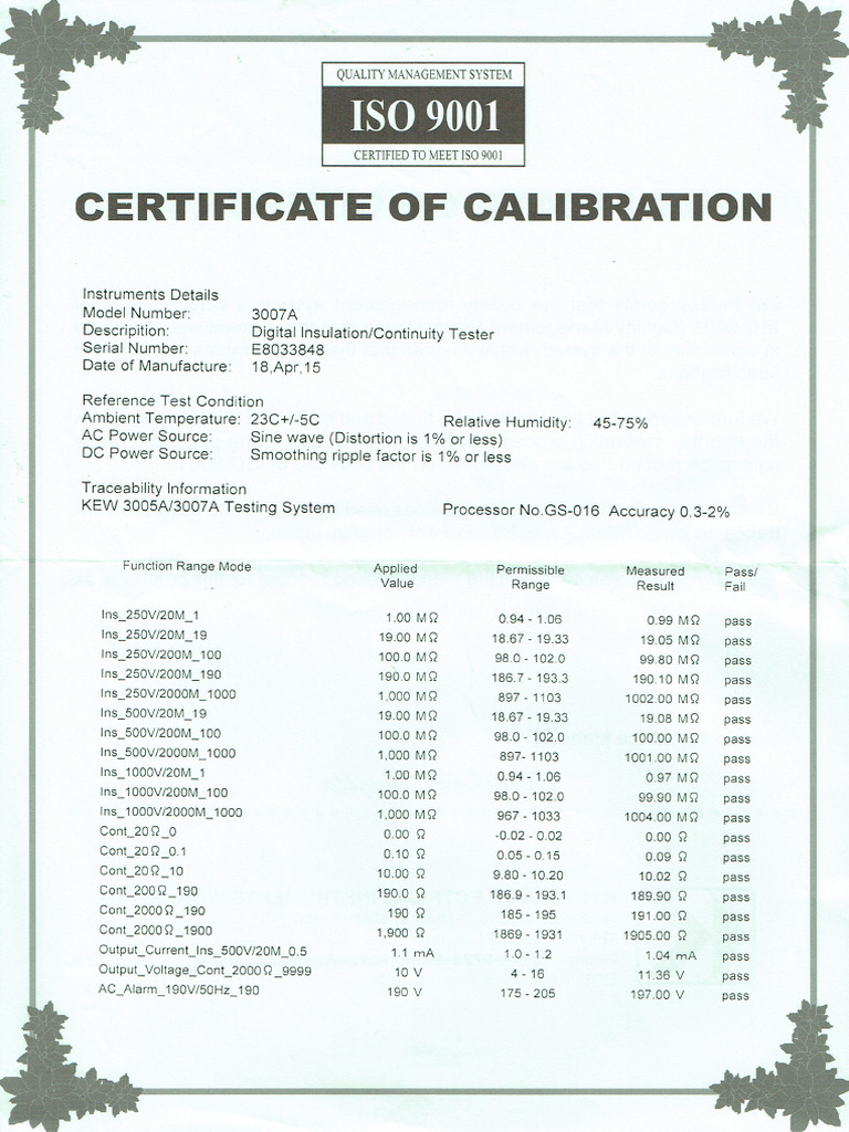 Certificate of Calibration Alat Megger 3007A | PDF