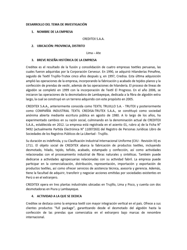 Creditex S.A.A.: Historia y Actividades Textiles | PDF | Industria ...