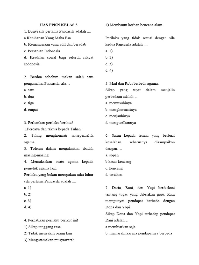 Ujian PPKn Kelas 3 SD | PDF