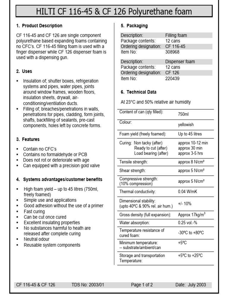 Hilti CF126 Foam Specifications | PDF | Foam | Water