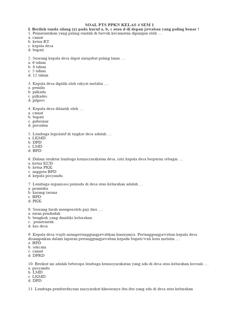 Soal PTS PPKN Kelas 4 Sem 1 | PDF