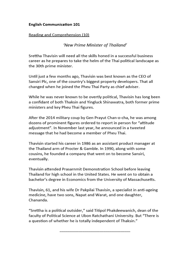 Reading and Comprehension - New Prime Minister | PDF | Politics