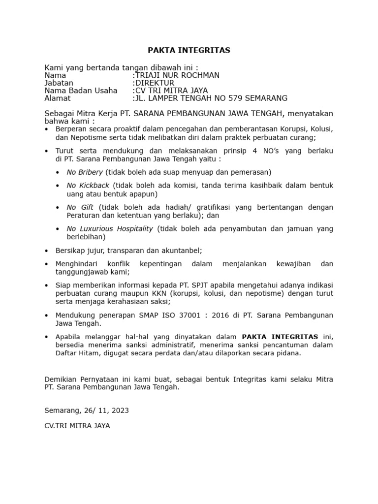 Pakta Integritas Mitra Kerja Cv. TMJ SPJT | PDF | Bisnis | Hukum