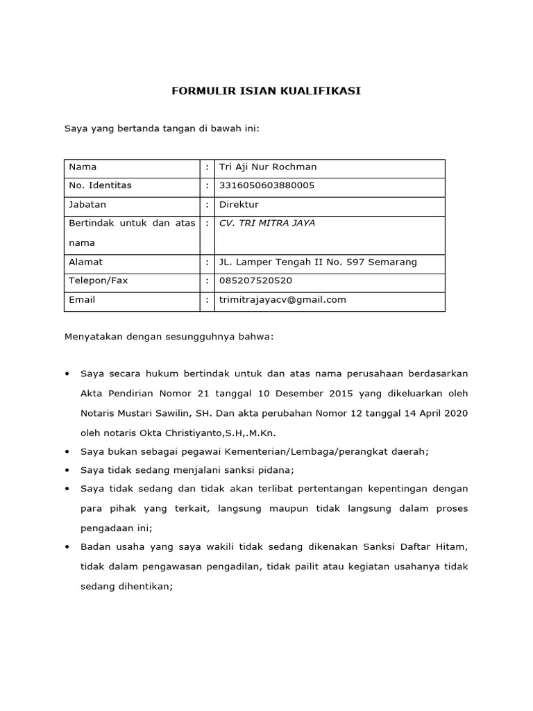 Kualifikasi CV. TRI MITRA JAYA | PDF