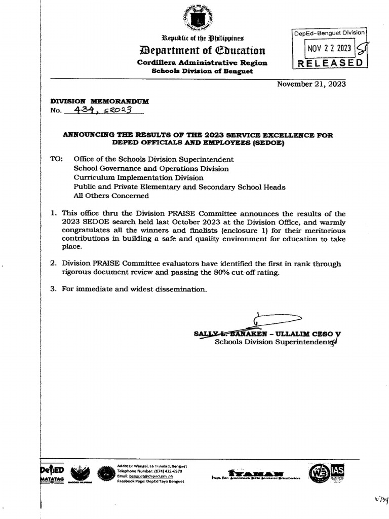 SDO Memo No. 434, S. 2023 | PDF