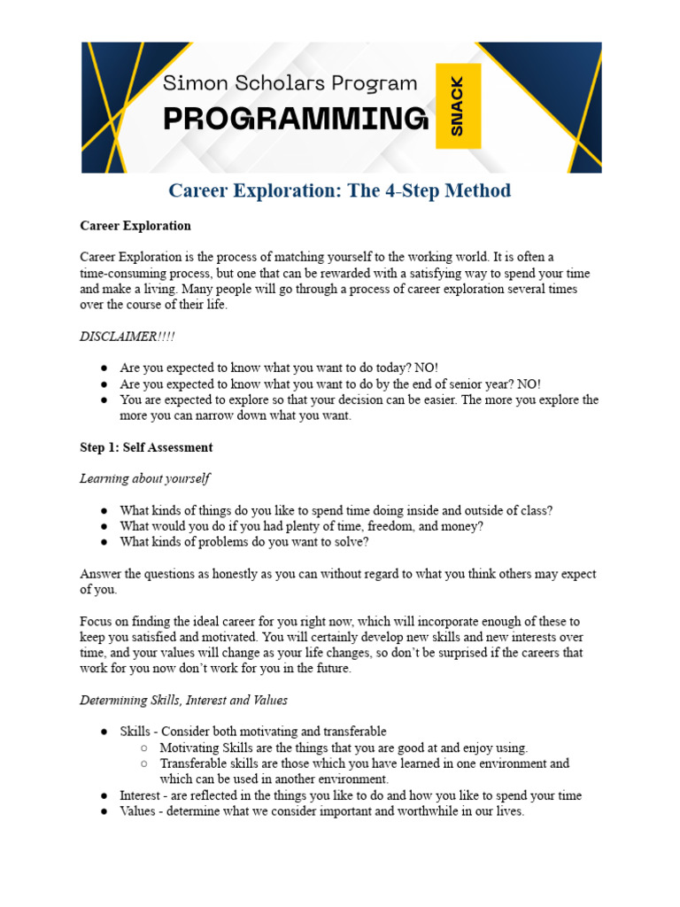 Junior SNACK Session 2 Handout - Career Exploration | PDF | Human ...
